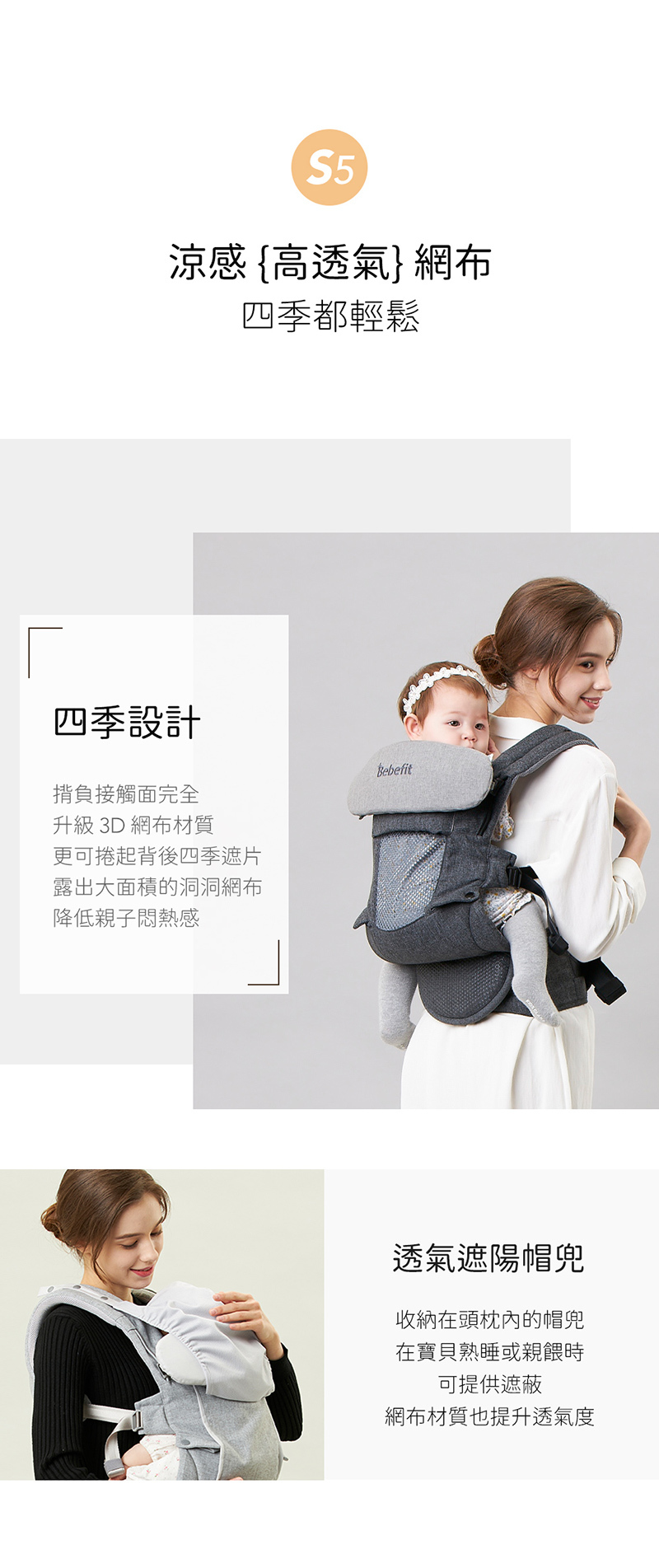 Bebefit S7 旗艦款 智能嬰兒揹帶-淺雲灰/極致灰/奶油米/午夜藍 – BabyCar 親子購物網